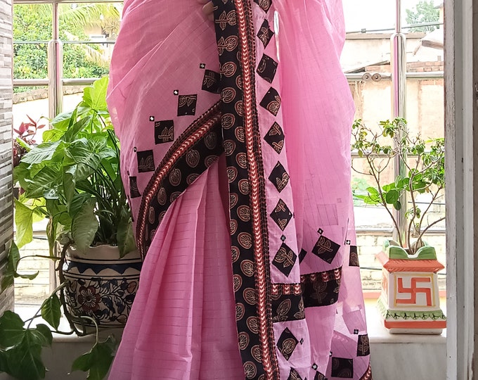 Patch Work Handloom Pure Cotton Saree With Printed Blouse Piece Latest ...