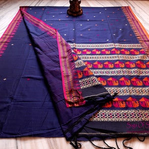 Handwoven Mercerised Cotton Jamdani Saree in Navy Blue Color With ...