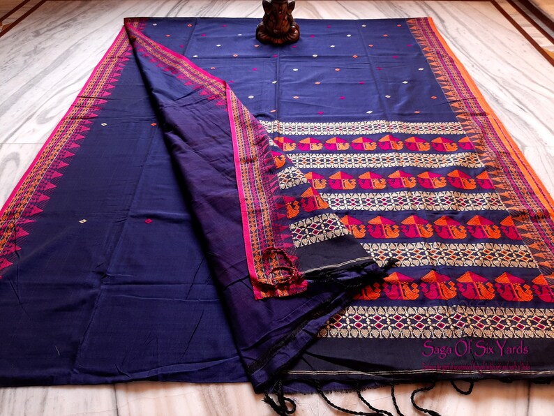 Handwoven Mercerised Cotton Jamdani Saree in Navy Blue Color With ...