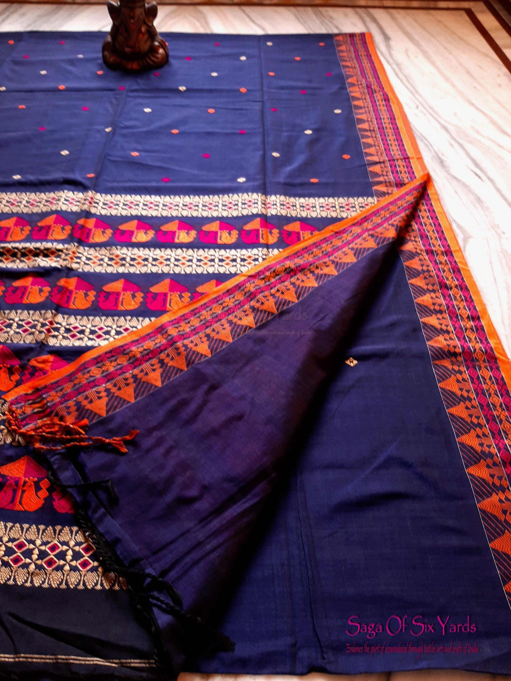 Handwoven Navy Blue Jamdani Saree: Mercerized Cotton With Bird Motifs ...