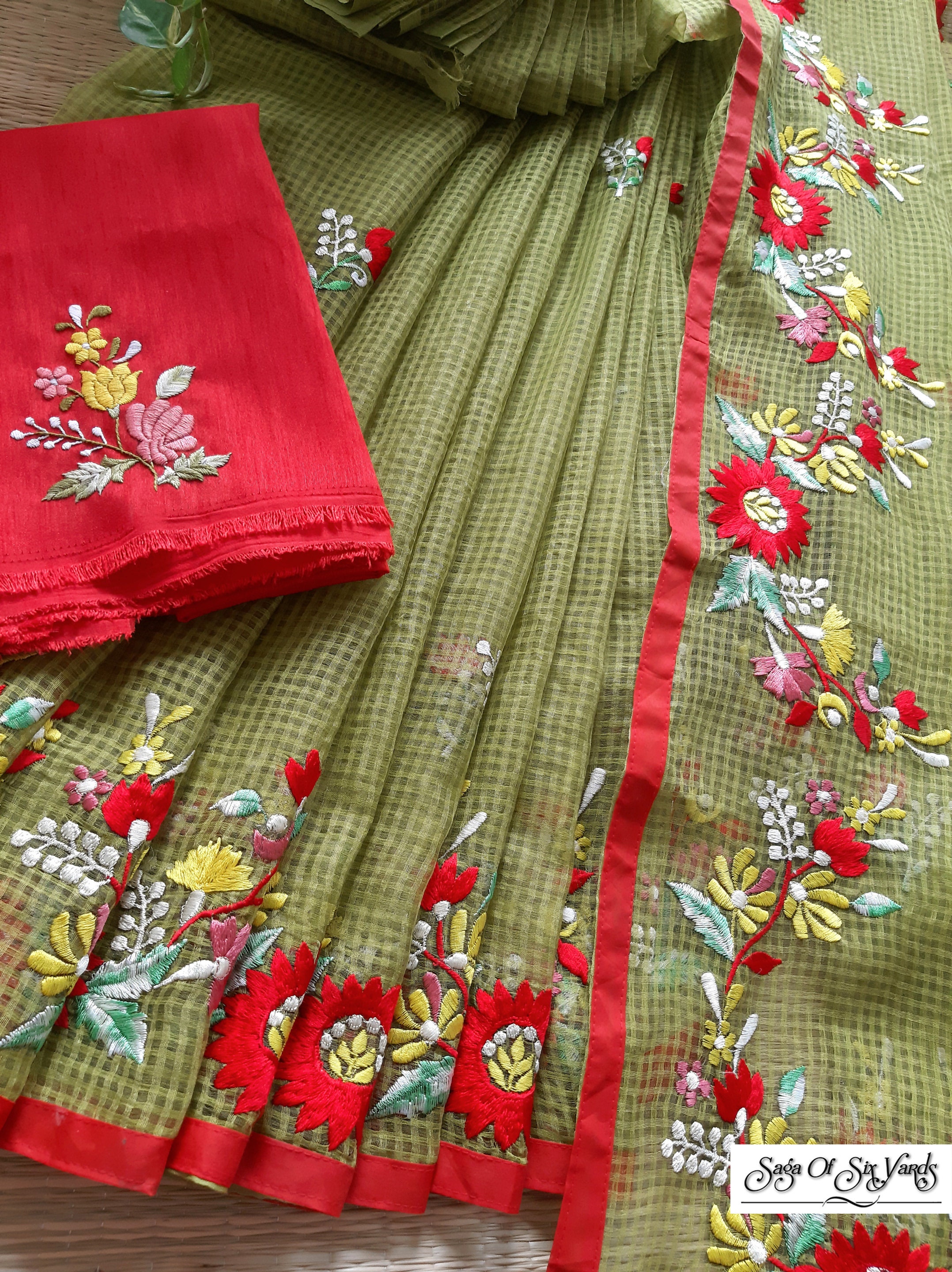 Embroidery Work on Resham Checks Saree With Blouse - Etsy UK