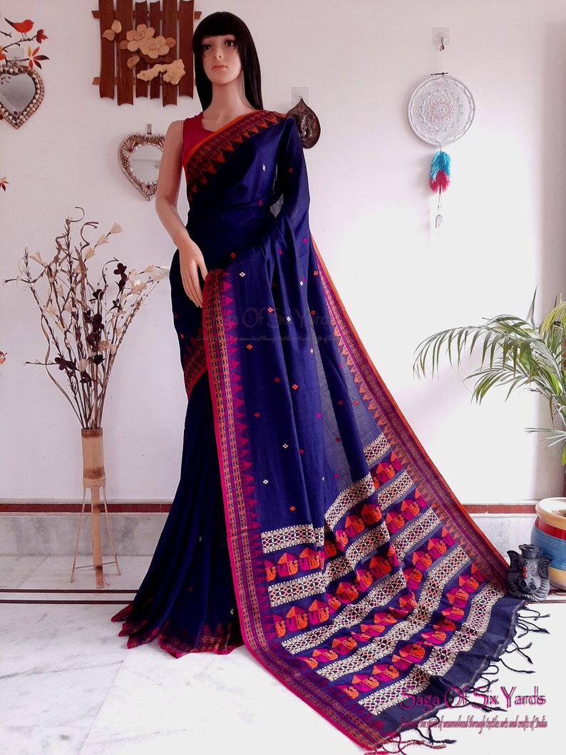 Handwoven Mercerised Cotton Jamdani Saree in Navy Blue Color With ...