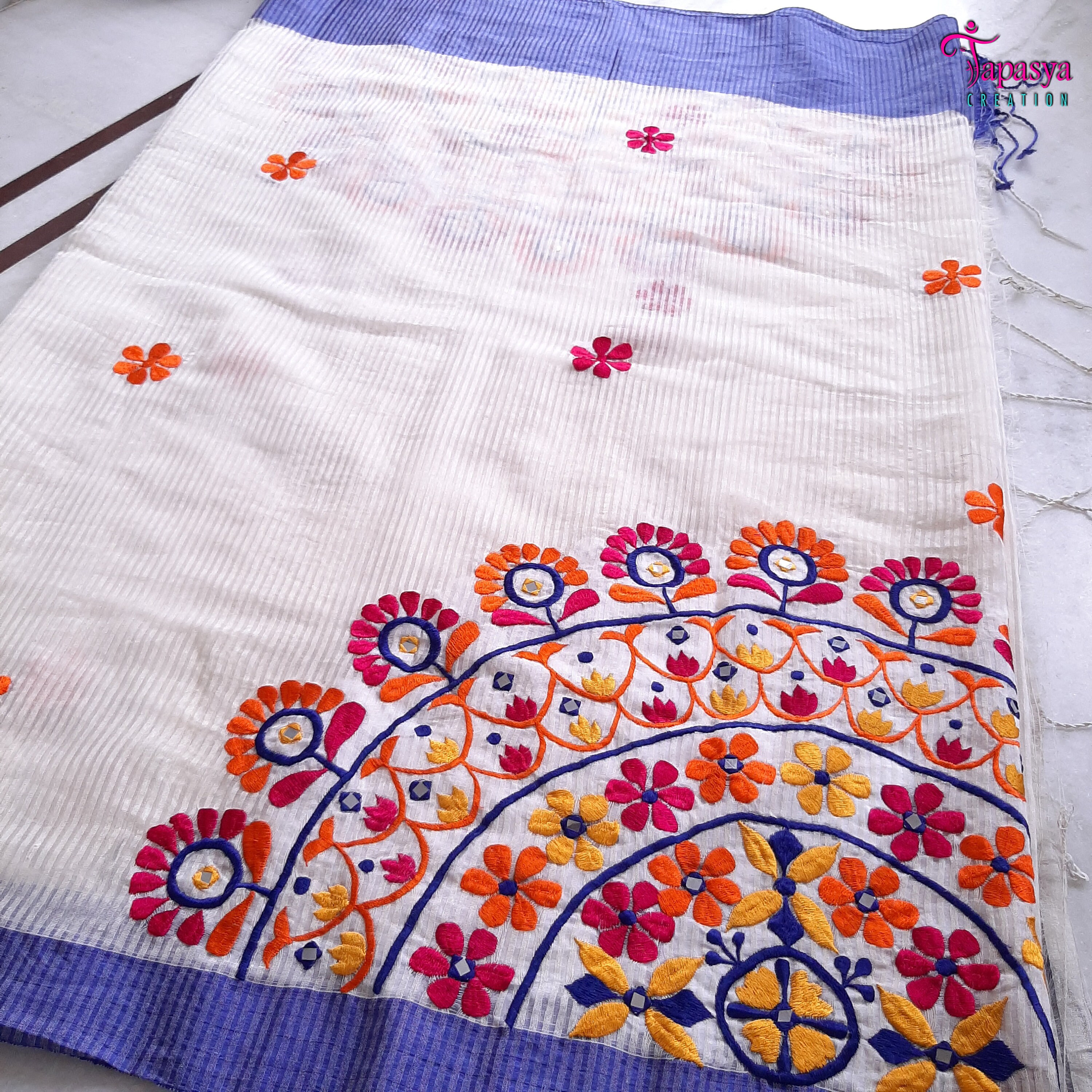 Embroidered Mirror Work on Handloom Noil Mahapaar Saree/ Mirror Work ...