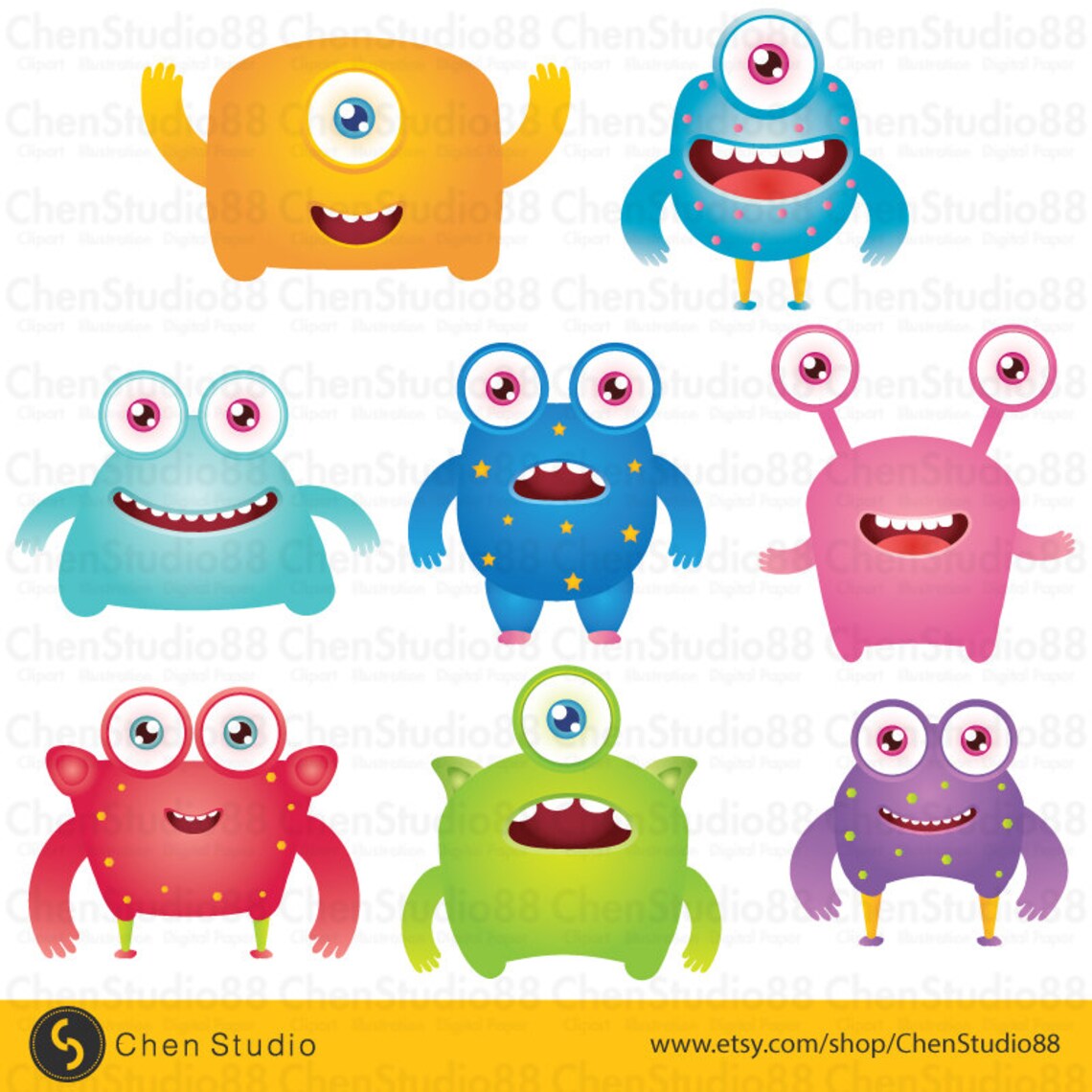 Monster Vector Clip Art and Digital Paper Set - Etsy