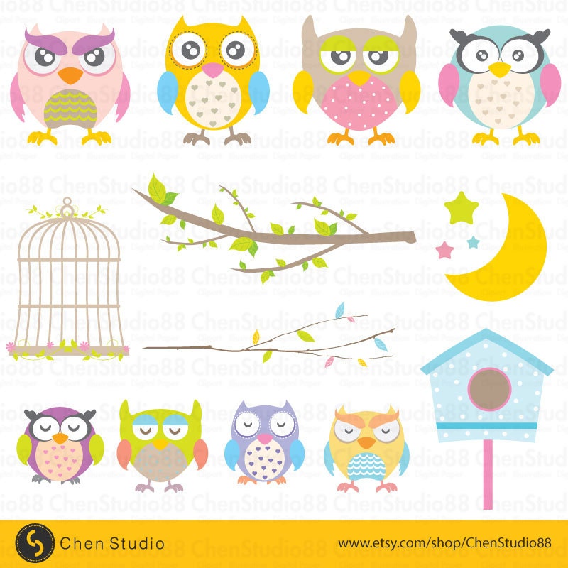 Owl Vector Clip Art and Digital Paper Set EPS PNG and - Etsy