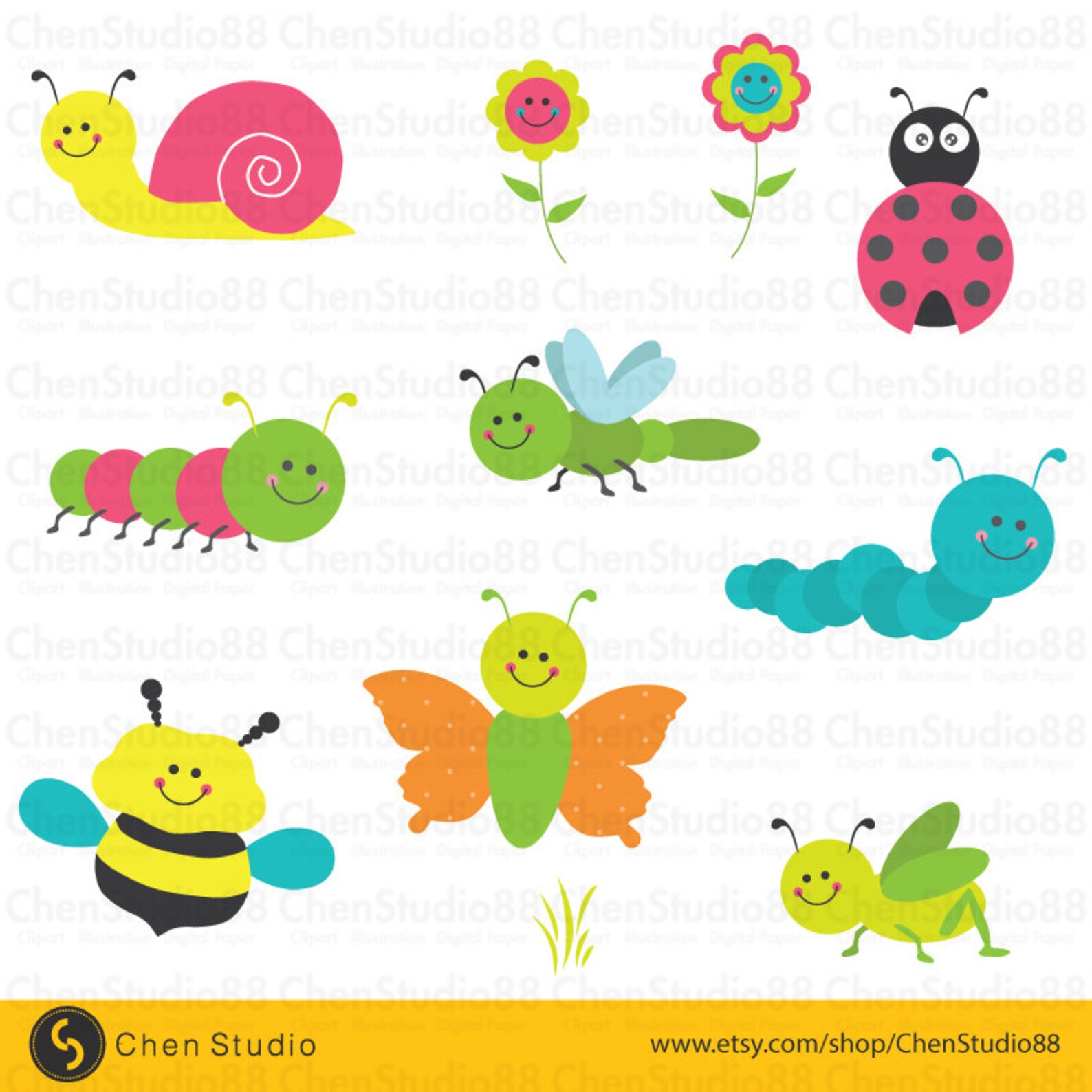 Garden Bugs Vector Digital Paper and Clip Art Set Instant - Etsy