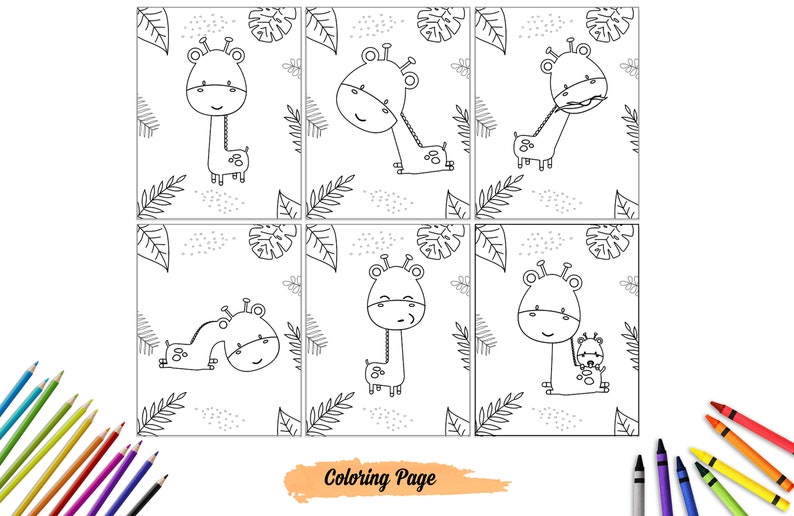Giraffes Coloring Page, Digital Coloring Page, Printable Coloring Sheet ...