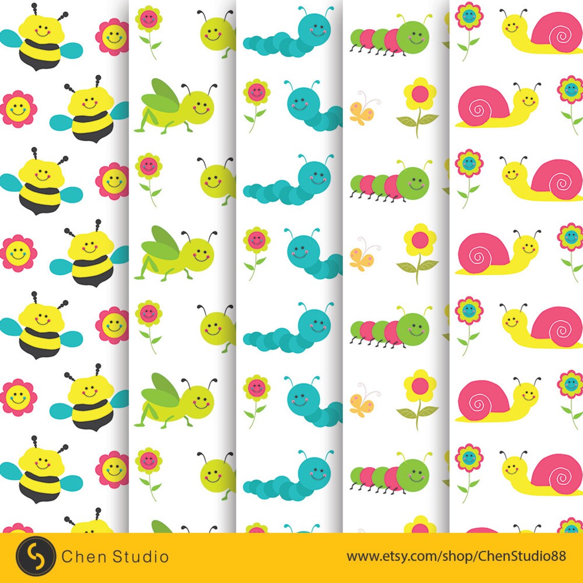 Garden Bugs Vector Digital Paper and Clip Art Set Instant - Etsy