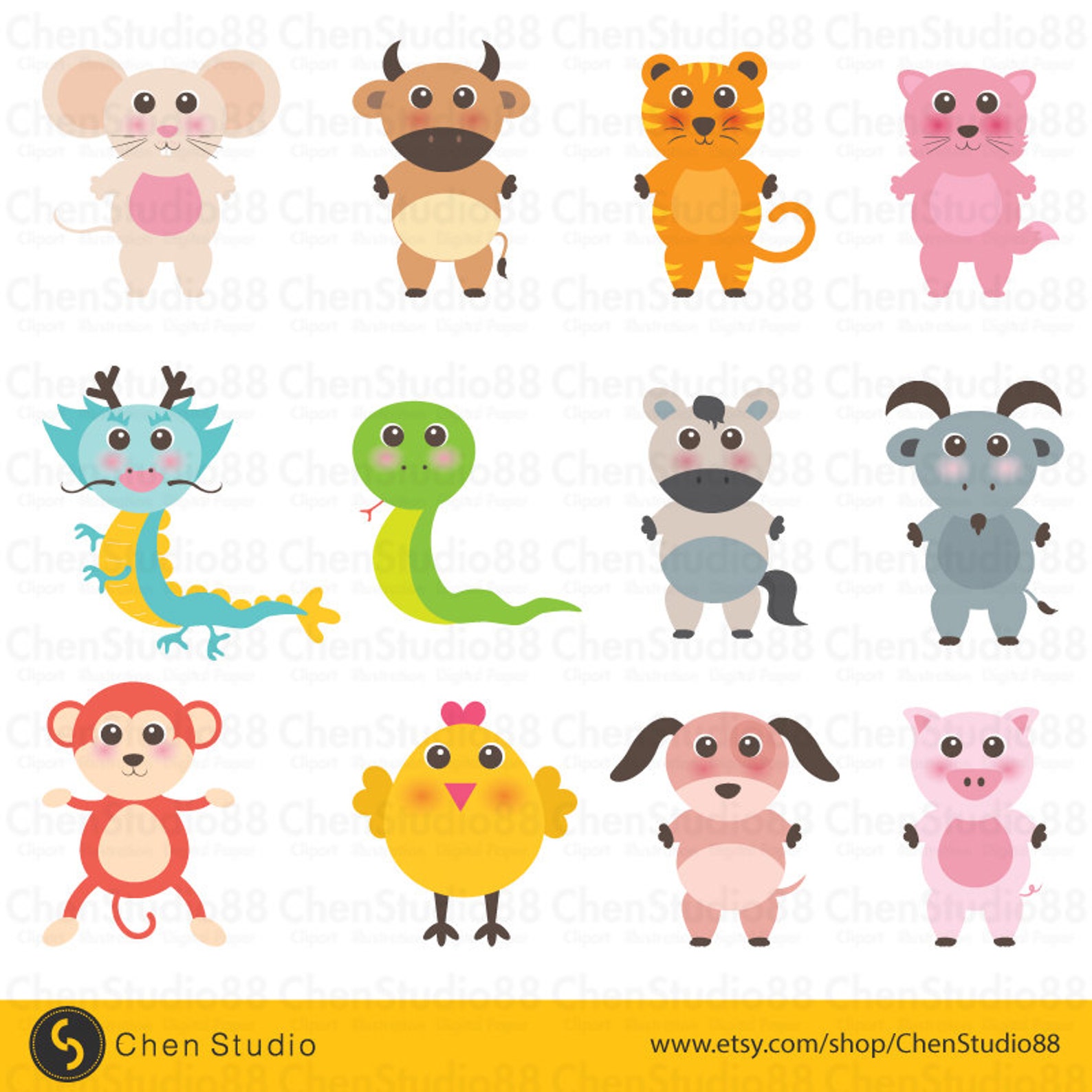 Chinese Zodiac animal vector Clip art and Digital paper set | Etsy