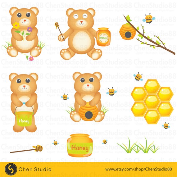 Bear and honey vector Clip art and Digital paper set EPS | Etsy
