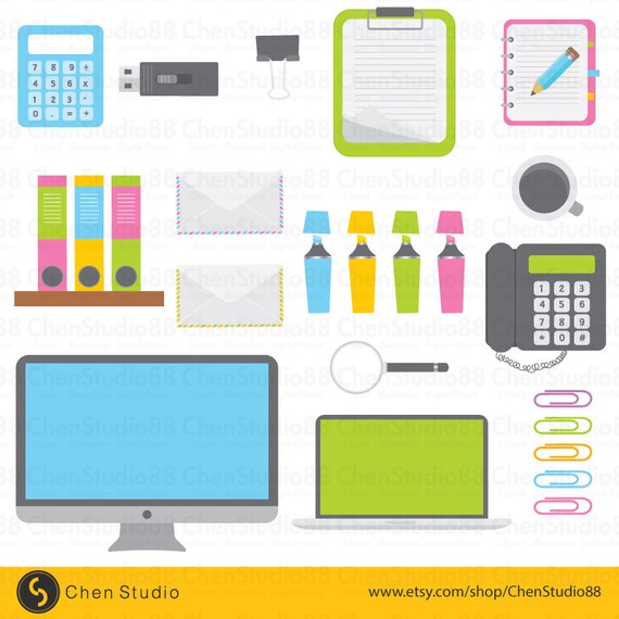 Office supplies vector Digital Clipart Instant Download | Etsy