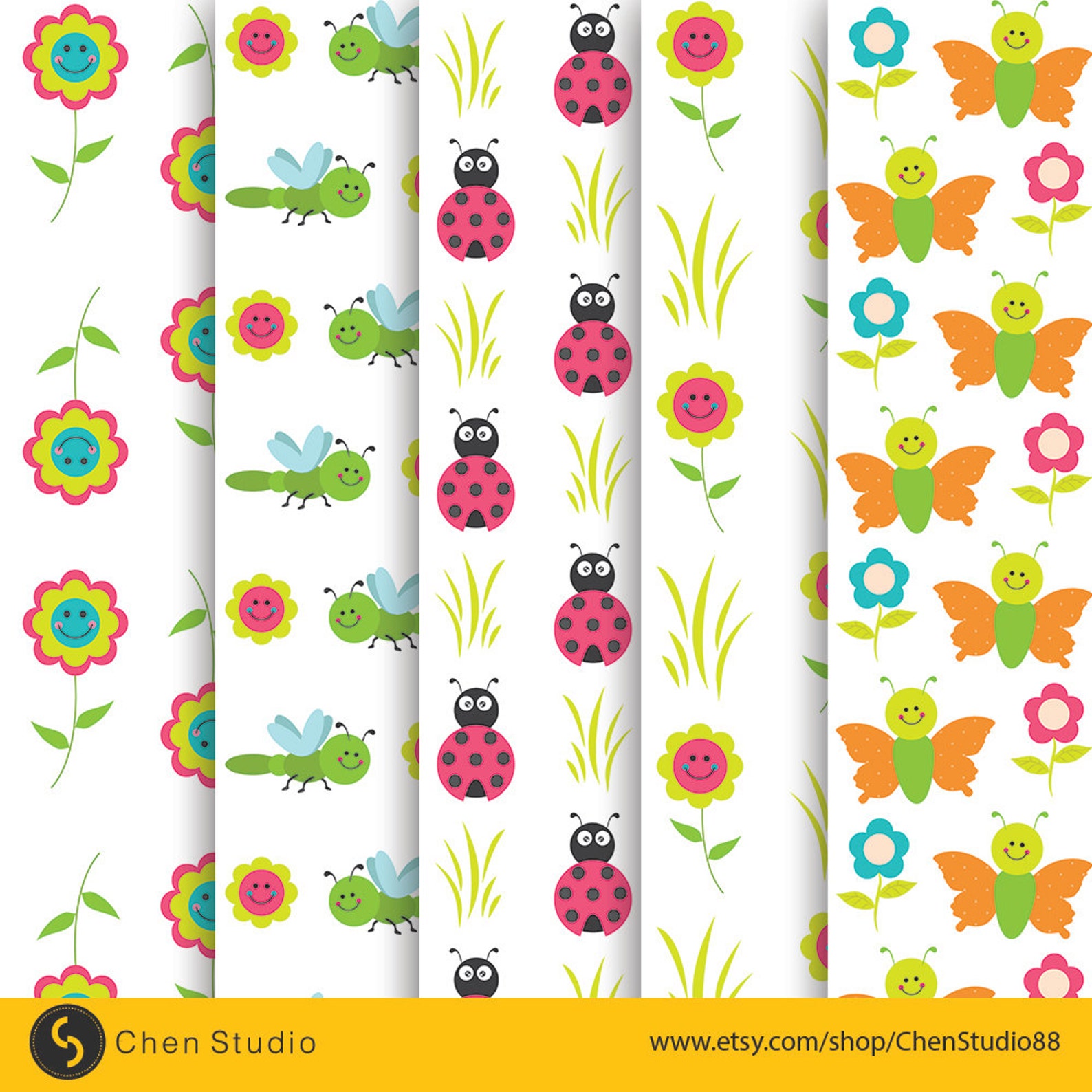 Garden Bugs Vector Digital Paper and Clip Art Set Instant - Etsy