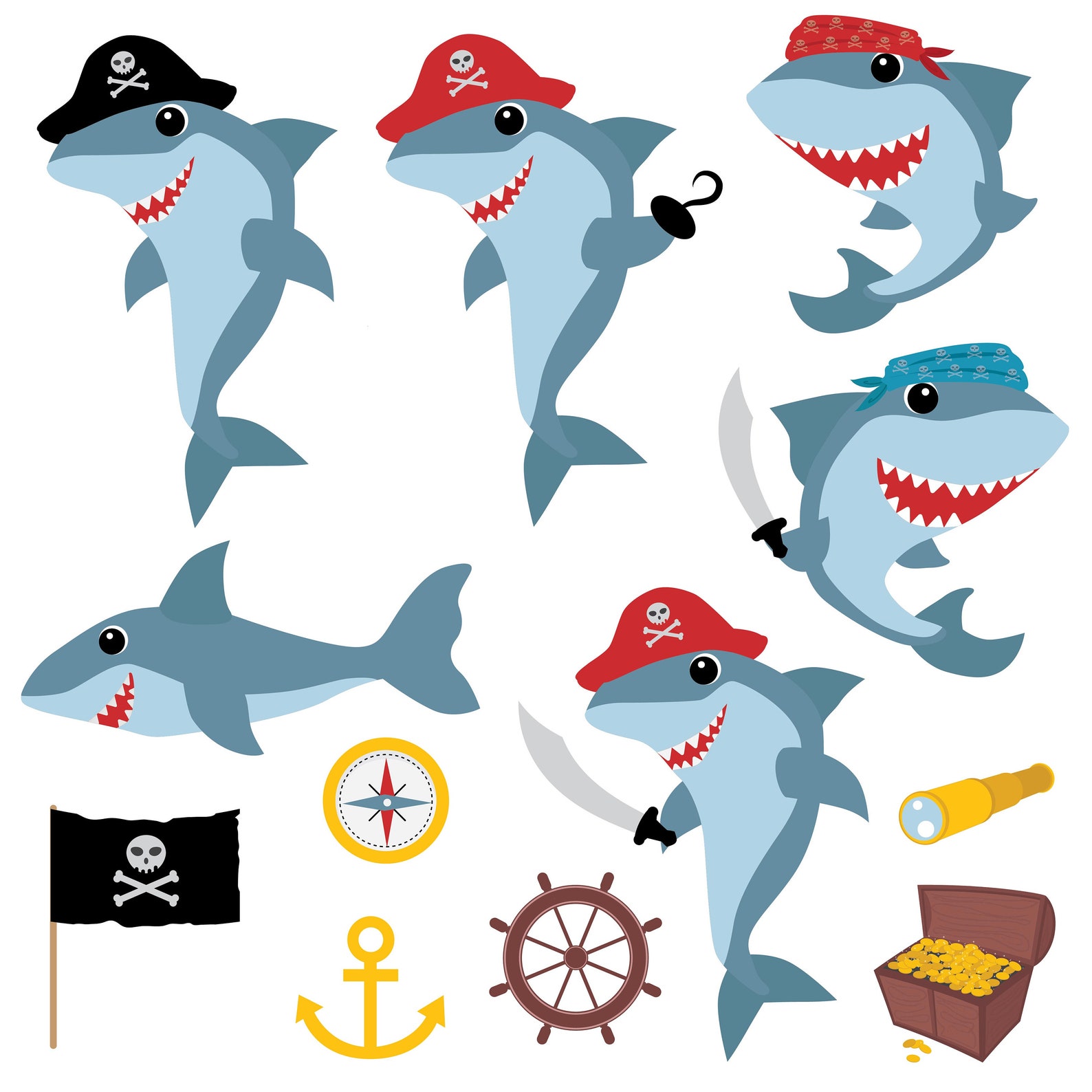 Pirate Shark Clipart, Digital Clipart Instant Download PNG Files ...