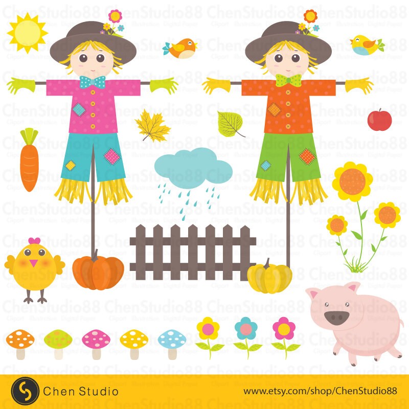 Scarecrow Vector Clip Art and Digital Paper Set - Etsy