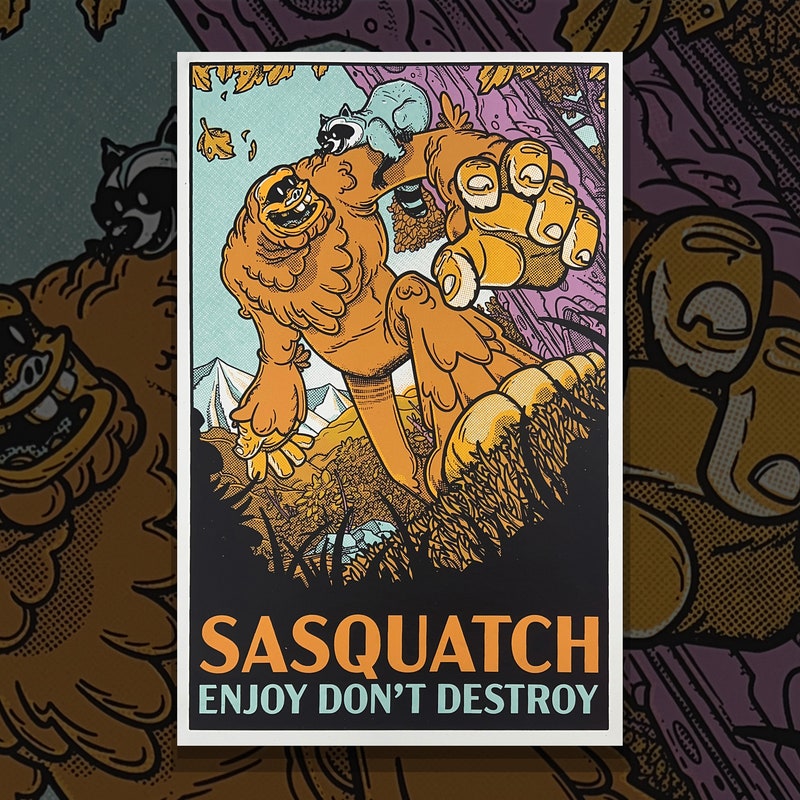 Sasquatch With Racoon Poster - Etsy