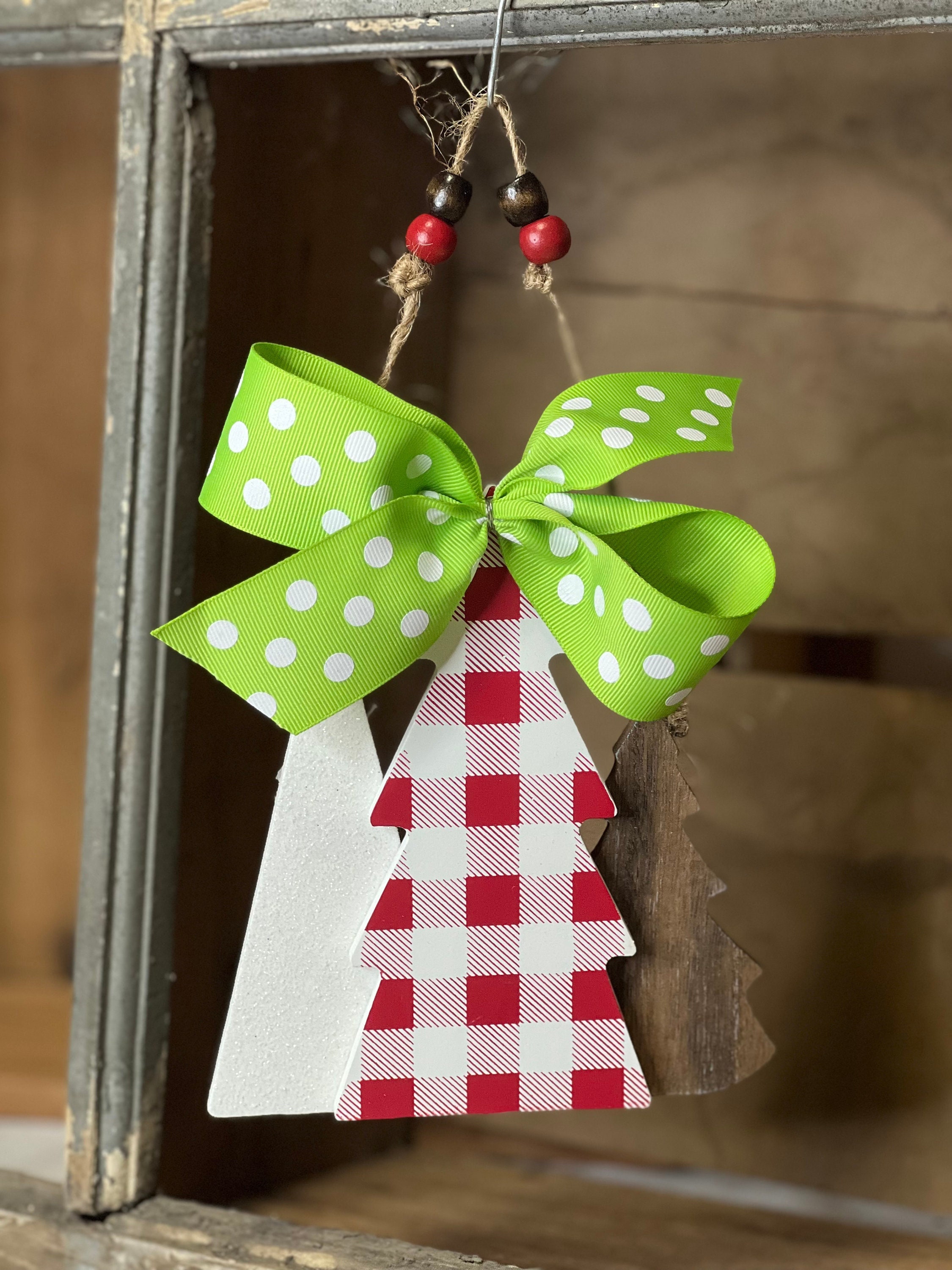 Red and White Plaid Tree Trio Ornament - Etsy