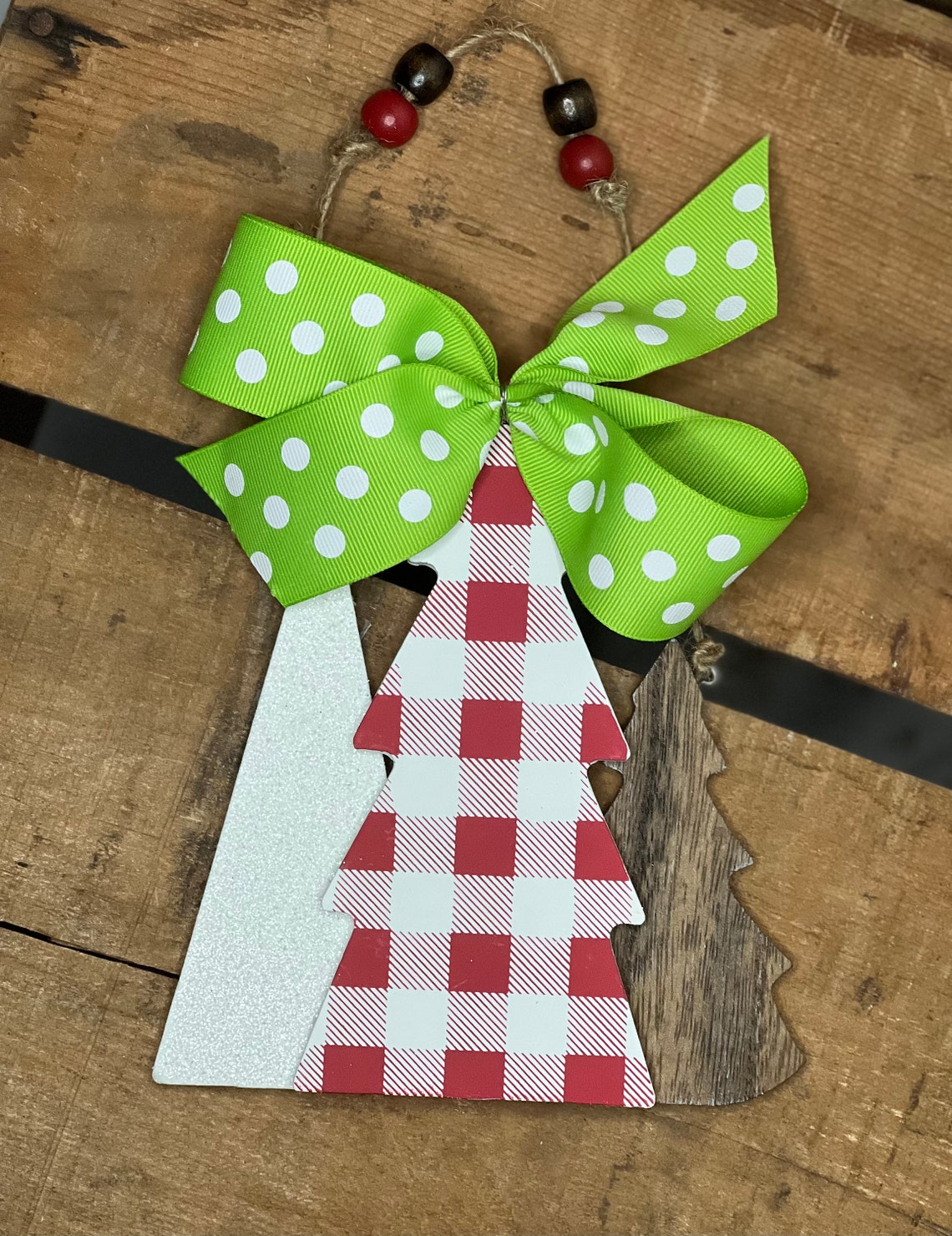 Red and White Plaid Tree Trio Ornament - Etsy