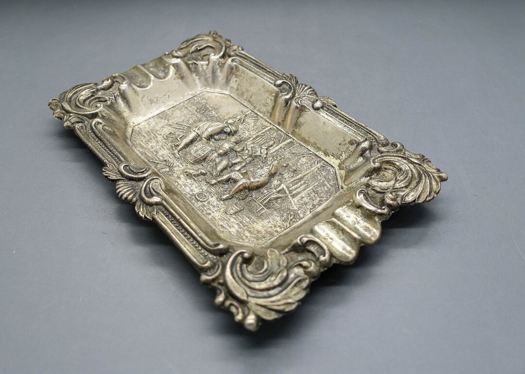 Silver-plate or Chrome Repousse Deep Ashtray – Tavern Party Scene ...