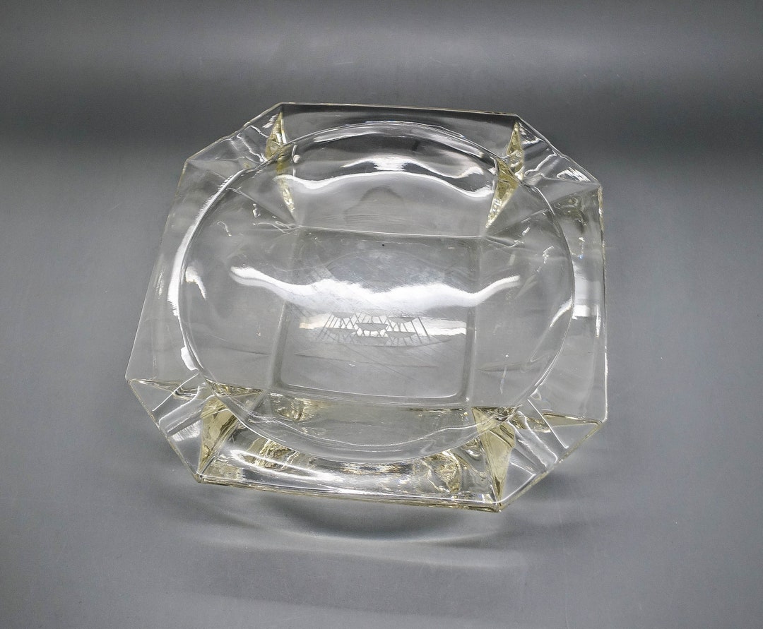 Vintage Large Clear Glass Cigar Ashtray With Etched Sailing Ship 8” X 8 ...