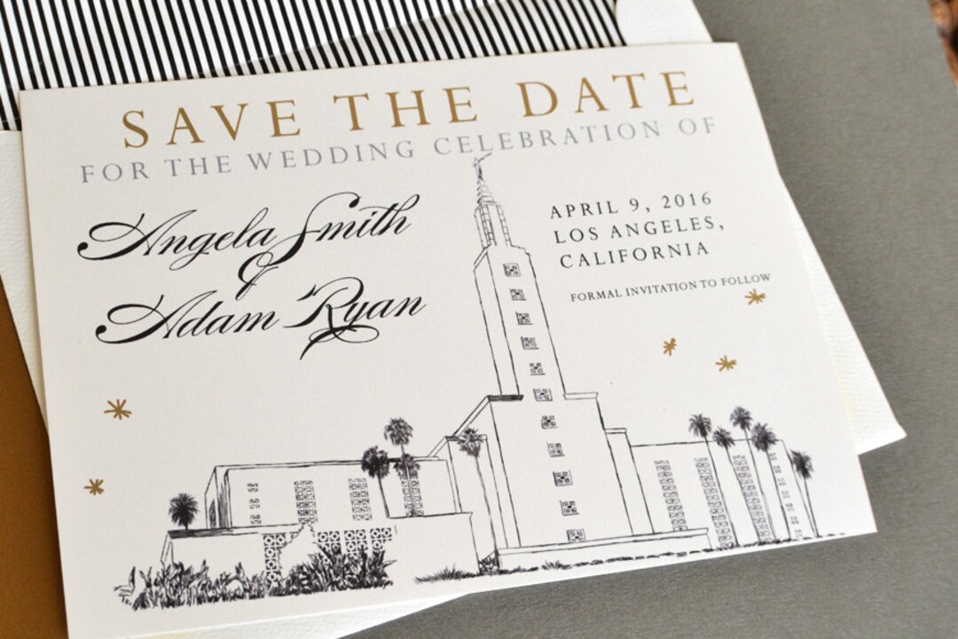 Los Angeles Mormon Temple Skyline Hand Drawn LDS Save the Date Cards ...