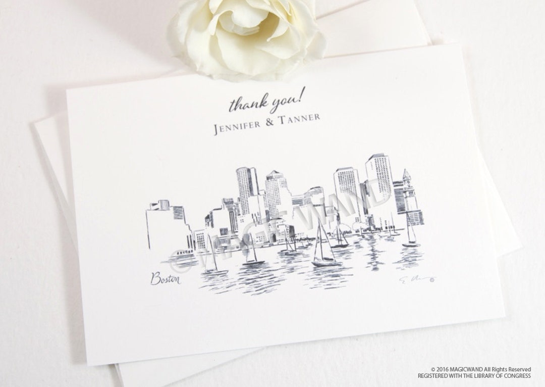 Boston Skyline Wedding Thank You Cards, Personal Note Cards, Bridal ...