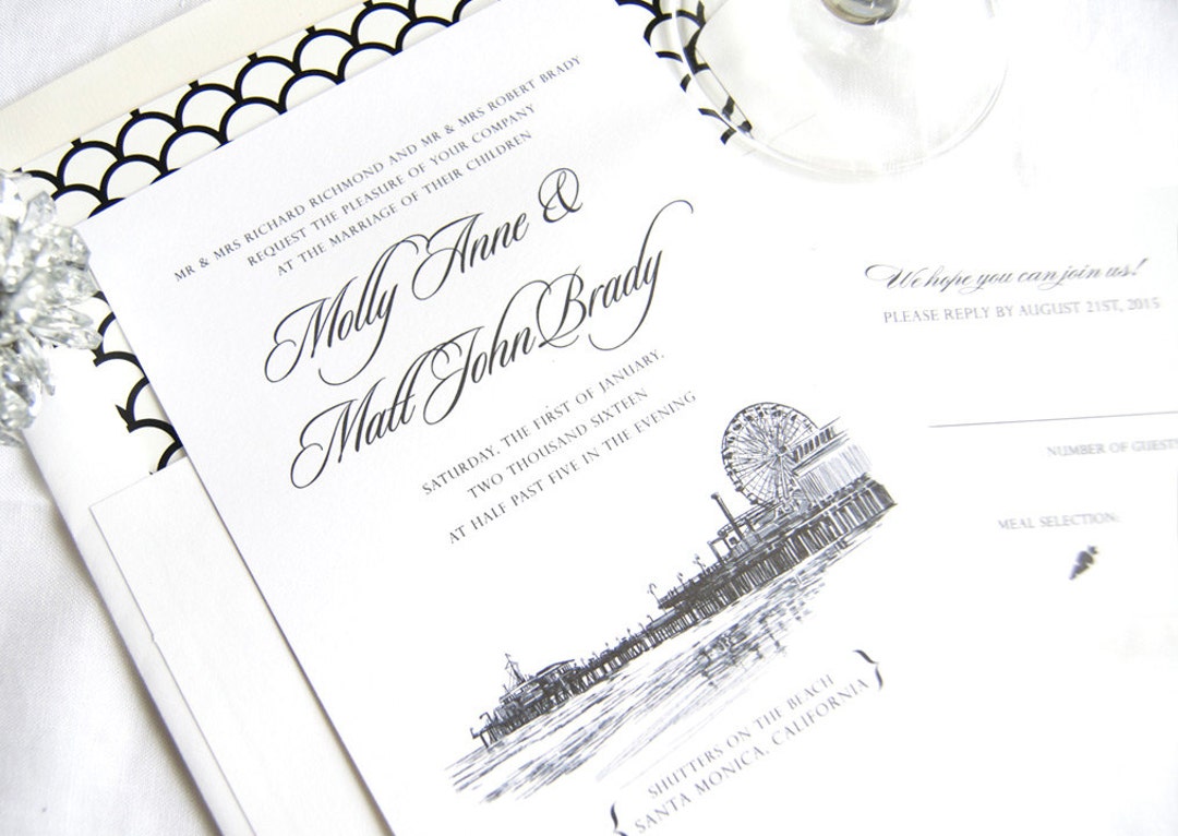 Santa Monica Pier Wedding Invitations: Hand-drawn Skyline - Etsy