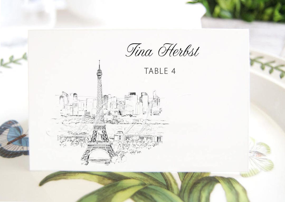 Paris Skyline Folded Place Cards BLANK, French Themed Wedding, Eiffel ...