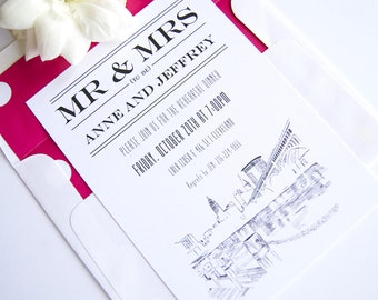 Chicago Skyline Hand Drawn Rehearsal Dinner Invitations set | Etsy