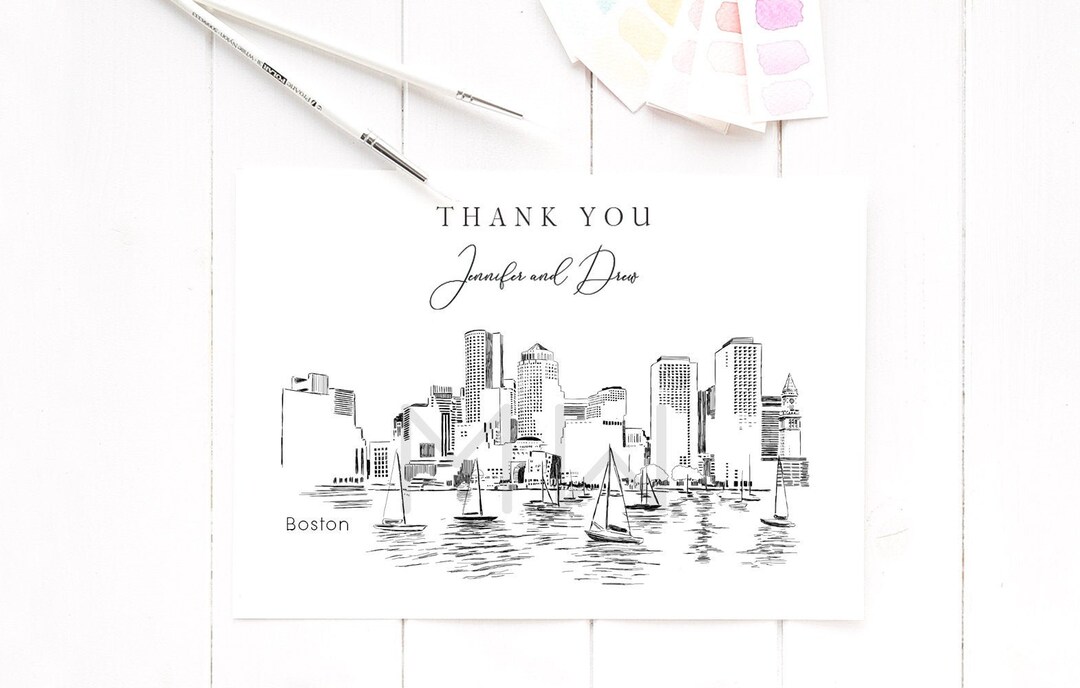 Boston Skyline Thank You Cards, Personal Note Cards, Bridal Shower ...