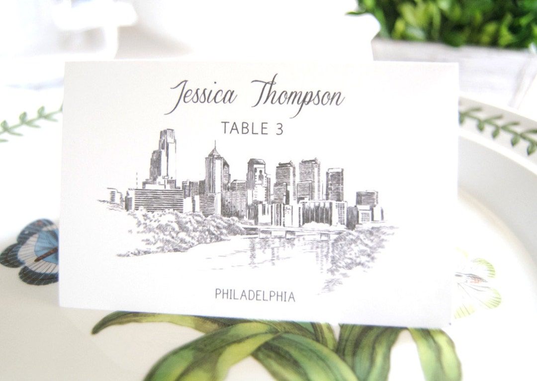 Philadelphia Skyline Hand Drawn Place Cards Personalized With Guests ...