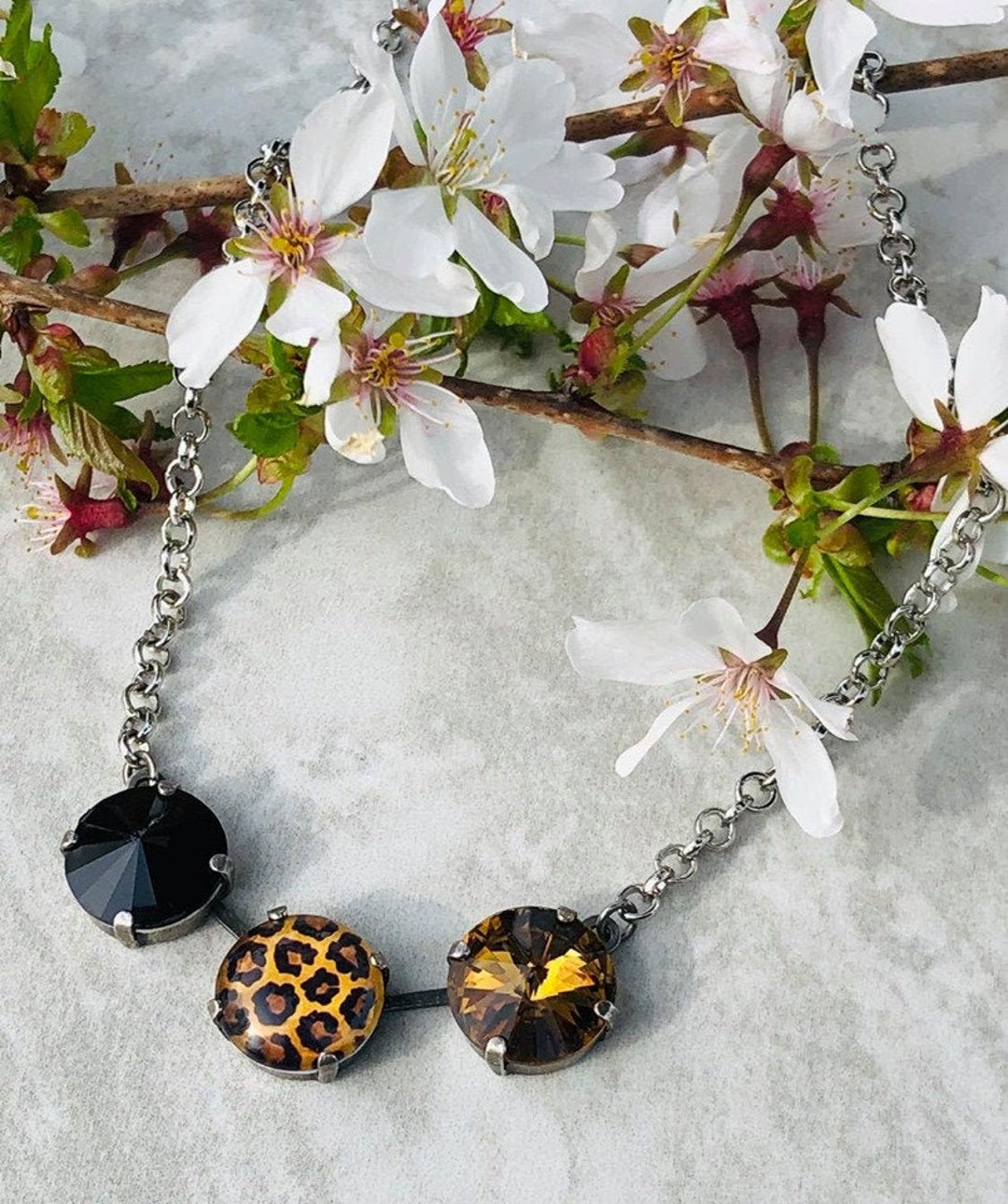 Leopard Print 3 Stone Swarovski Crystal Necklace 14mm Statement Jewelry ...
