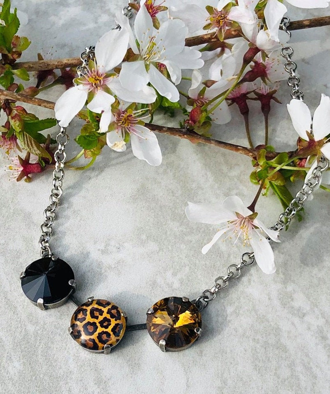 Leopard Print 3 Stone Swarovski Crystal Necklace 14mm Statement Jewelry ...