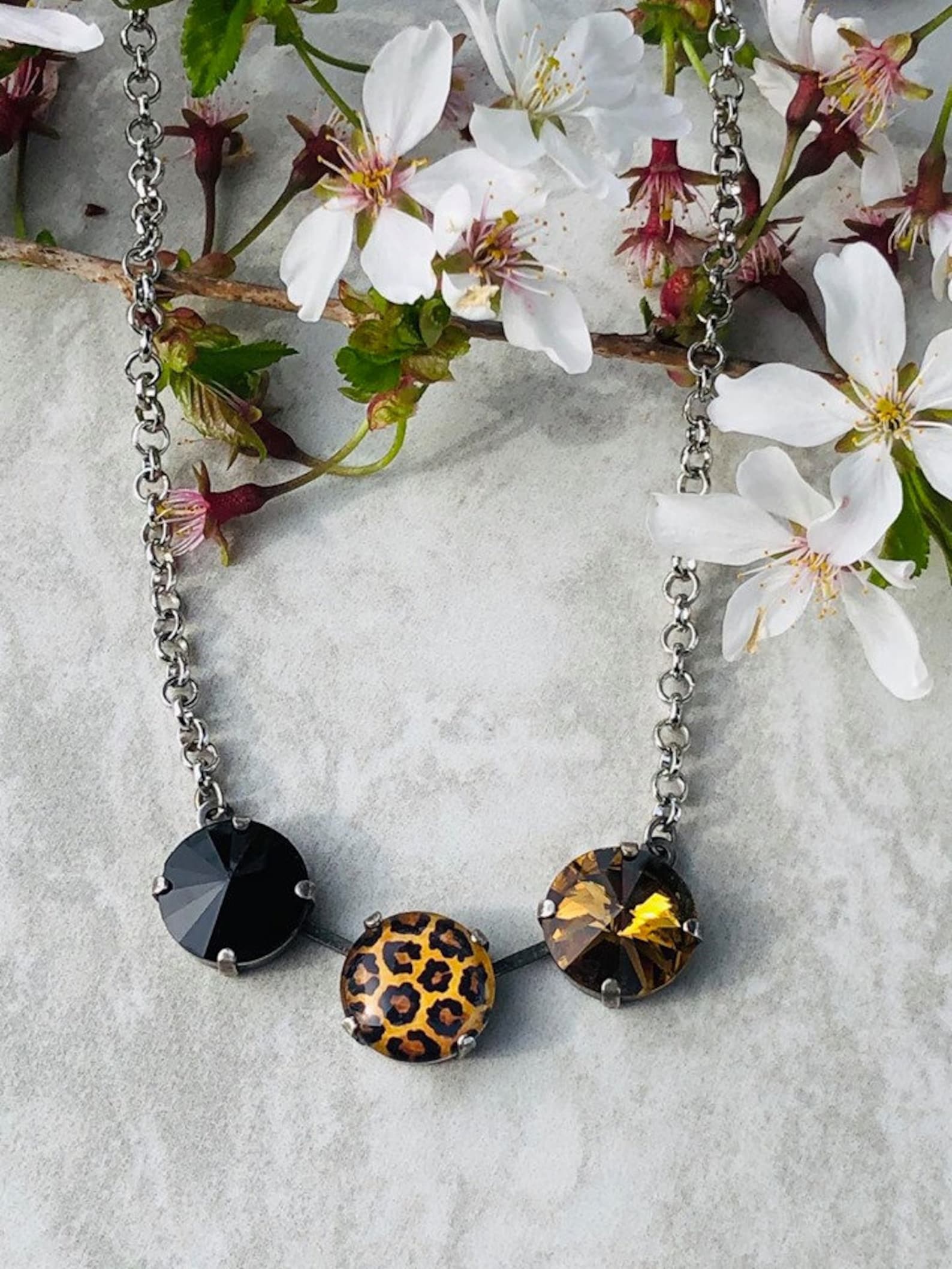 Leopard Print 3 Stone Swarovski Crystal Necklace 14mm Statement Jewelry ...