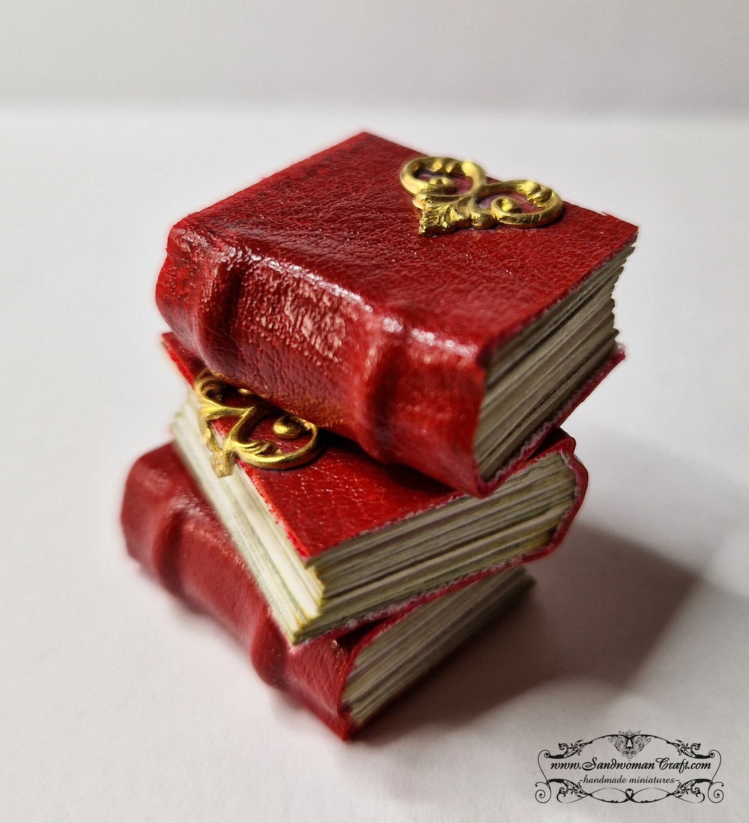 Miniature Leather Book. Red Aged Leather, Decorated With Brass, Round ...