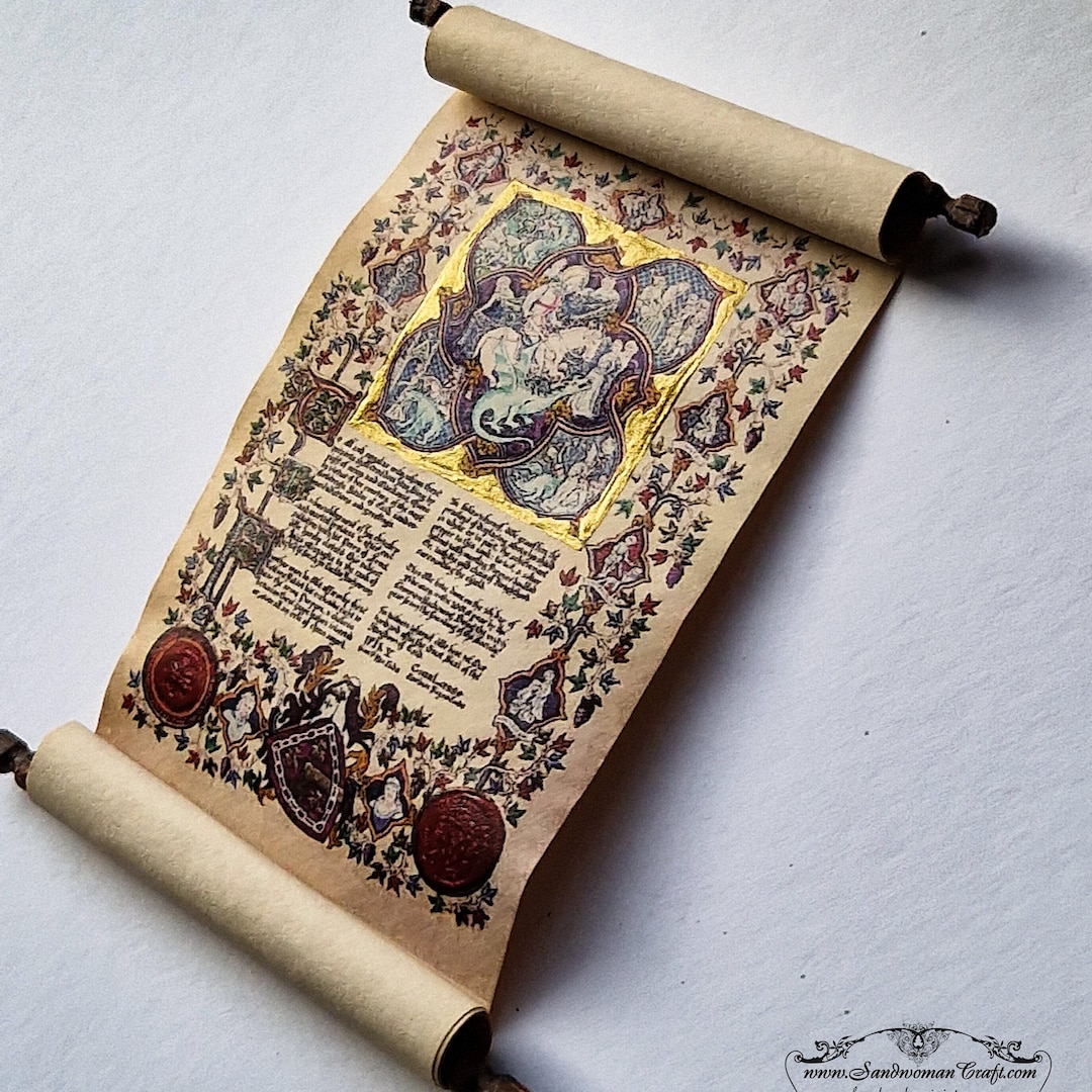 Miniature Open Scroll, Medieval Illuminated Manuscript, Dollhouse ...