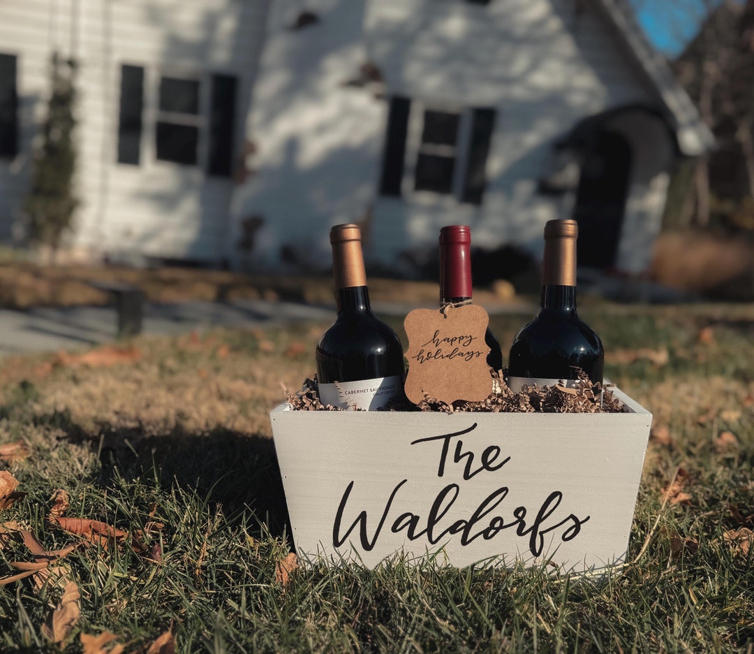 SMALL Custom Calligraphy Last Name White Wooden Wine Box Basket | Year ...
