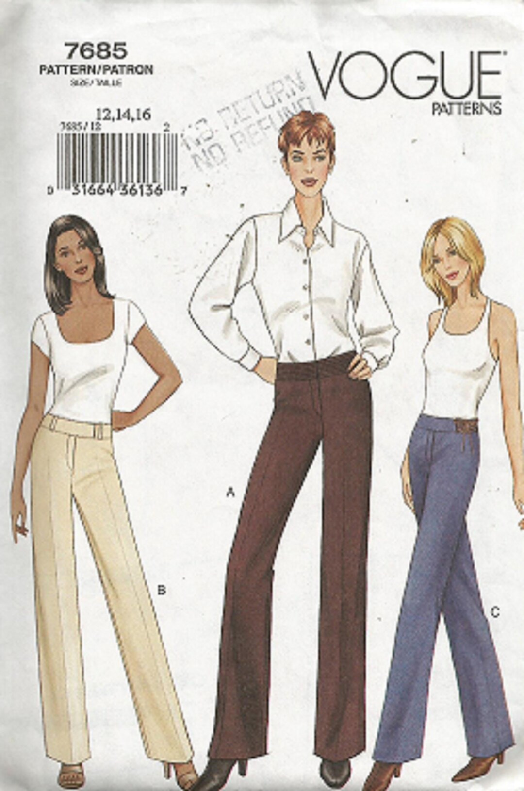 VOGUE PANTS PATTERN - 7685 - Easy Misses Petite Pants Sewing Pattern ...