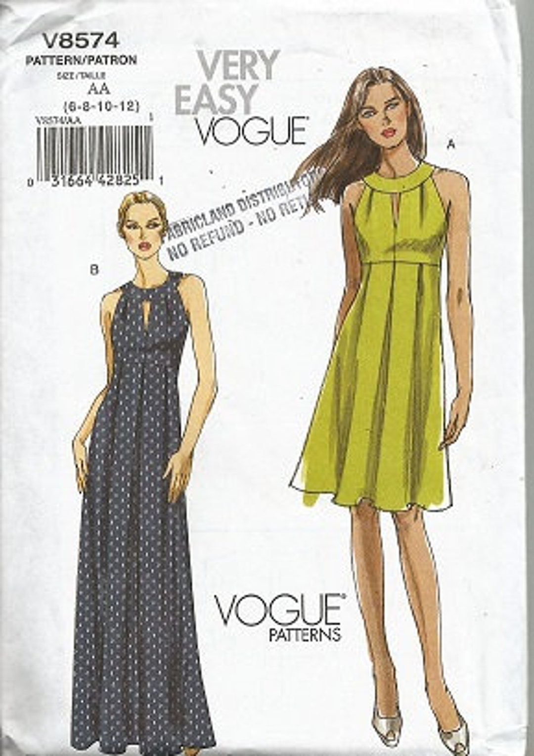 VOGUE PATTERN V8574 Very Easy Sewing Pattern - Misses DRESS - Size 6-8 ...