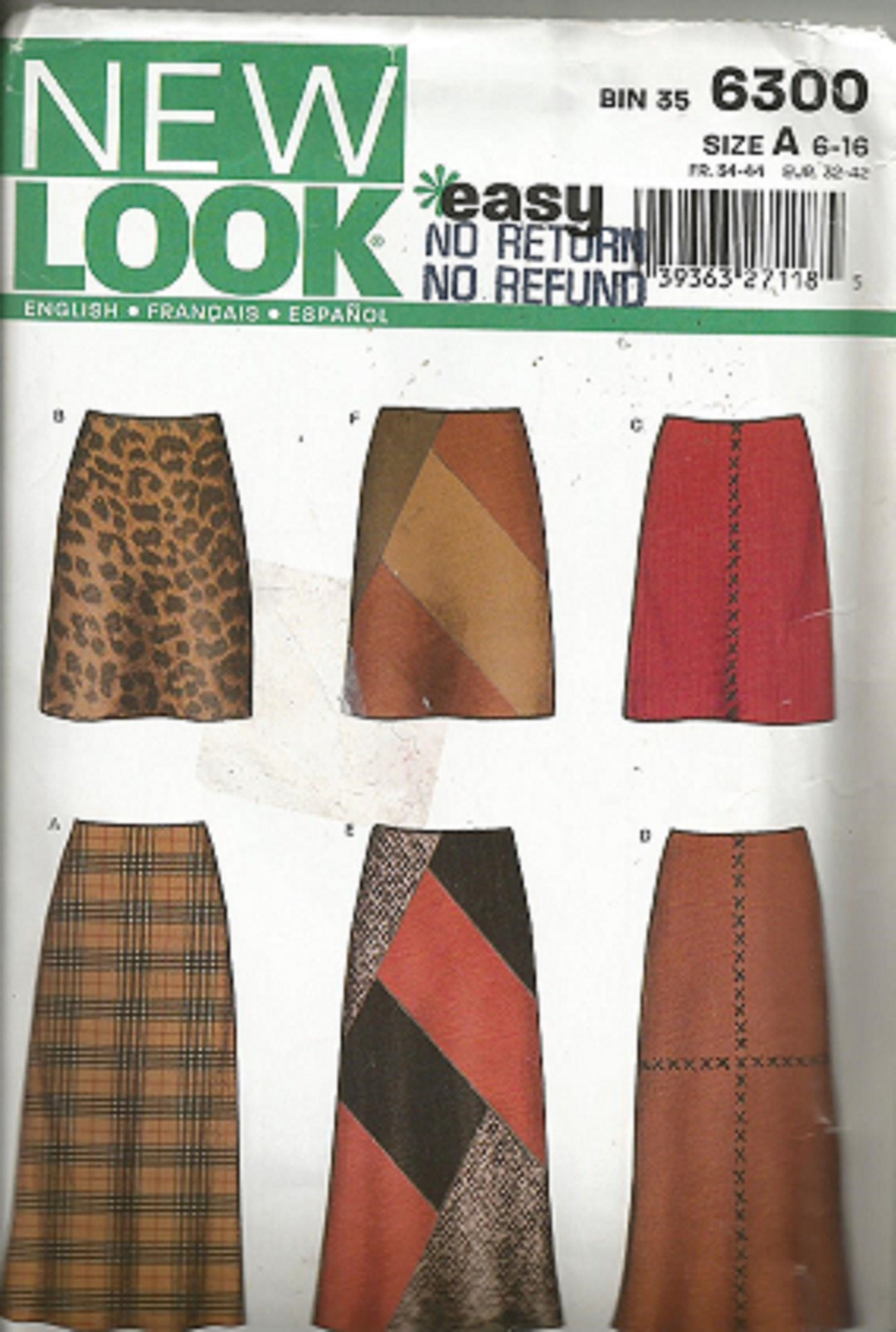 EASY New Look SKIRT Sewing Pattern 6300 Misses Women Size 6 8 10 12 14 ...