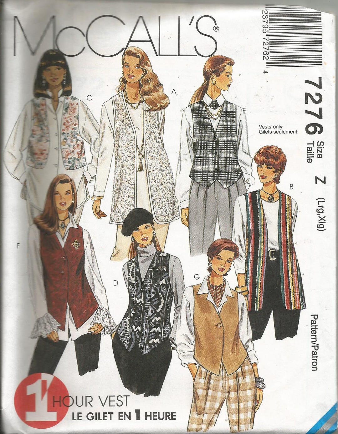 Mccall's 1 Hour VEST Sewing PATTERN 7276, Size Lrg, Xlg, Misses Unlined ...