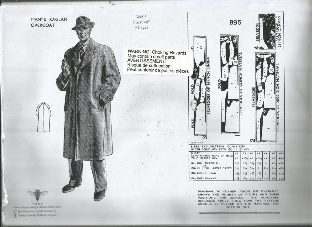 Vintage MAN'S RAGLAN OVERCOAT Sewing Pattern 895 Chest 40 Men's Classic ...