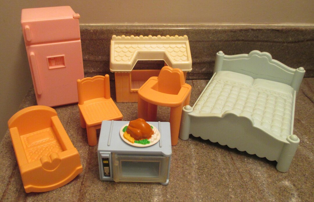 Vintage PLAYSKOOL DOLLHOUSE FURNITURE and Accessories - Bed, High Chair ...