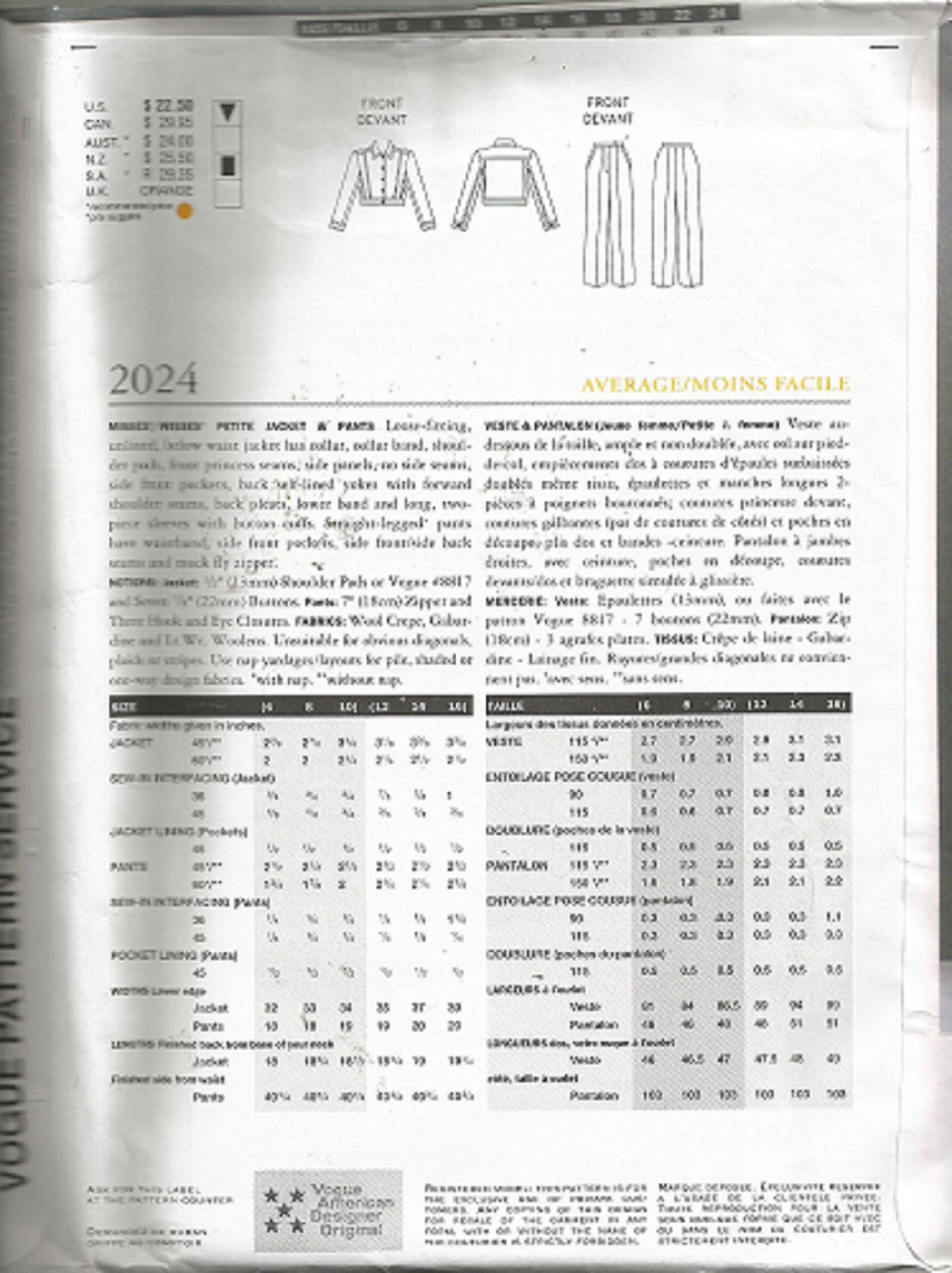 VOGUE Patterns CALVIN KLEIN Pattern 2024 Misses Petite Jacket & Pants ...