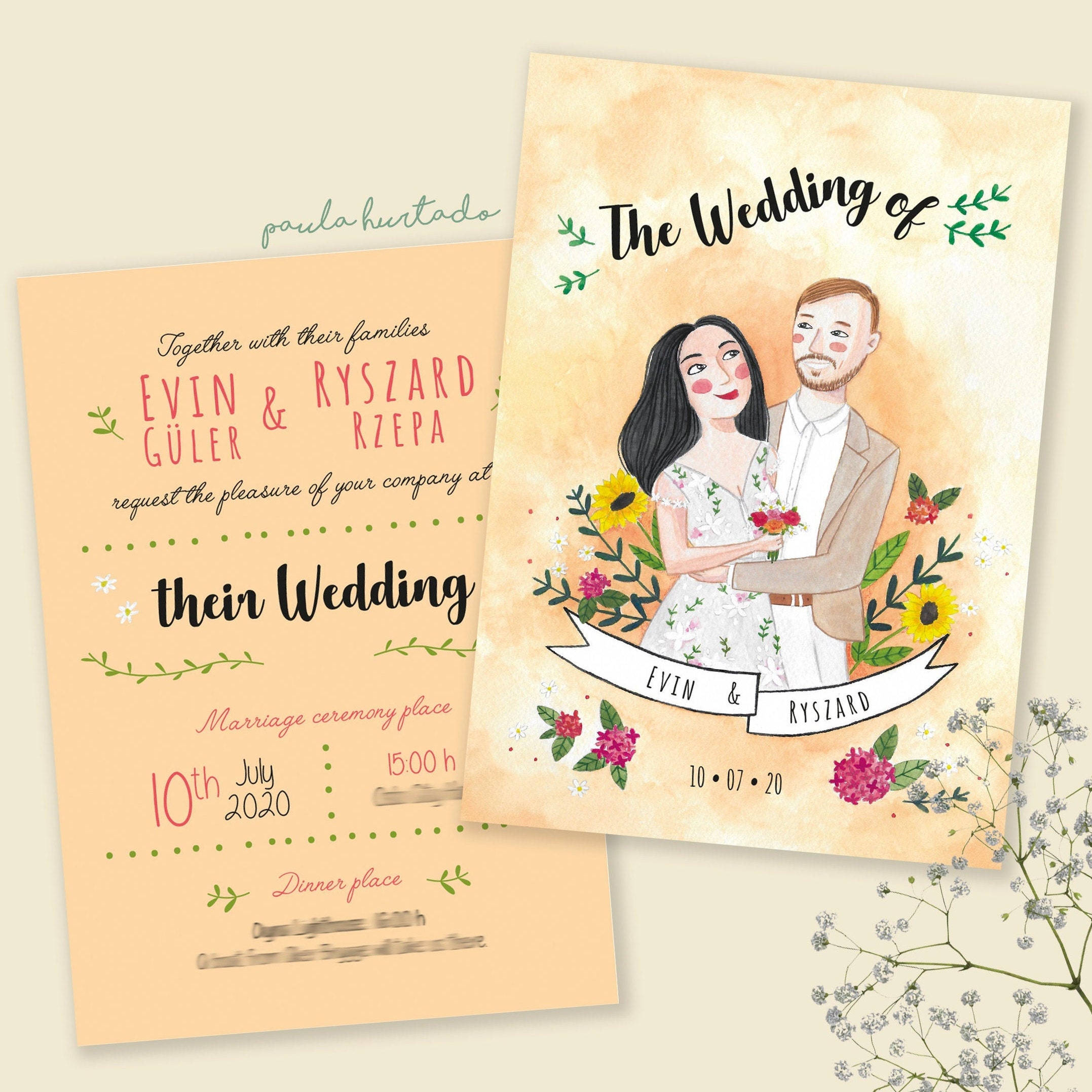 Custom Portrait Wedding Invitation Printable, Hand Made Watercolor ...