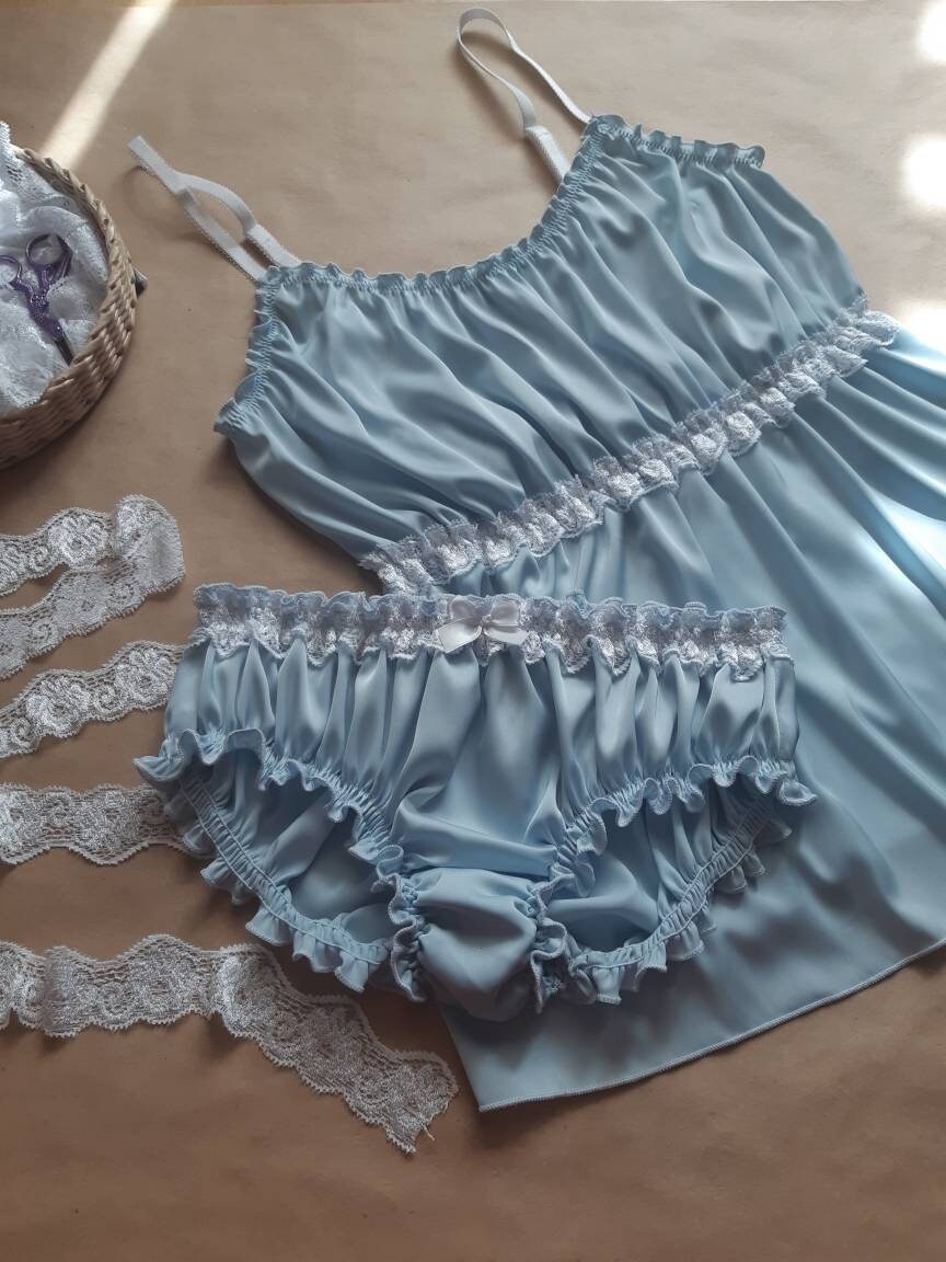 Silk Pajamas Set of Blue Silk Cami and Ruffled Panties Women - Etsy
