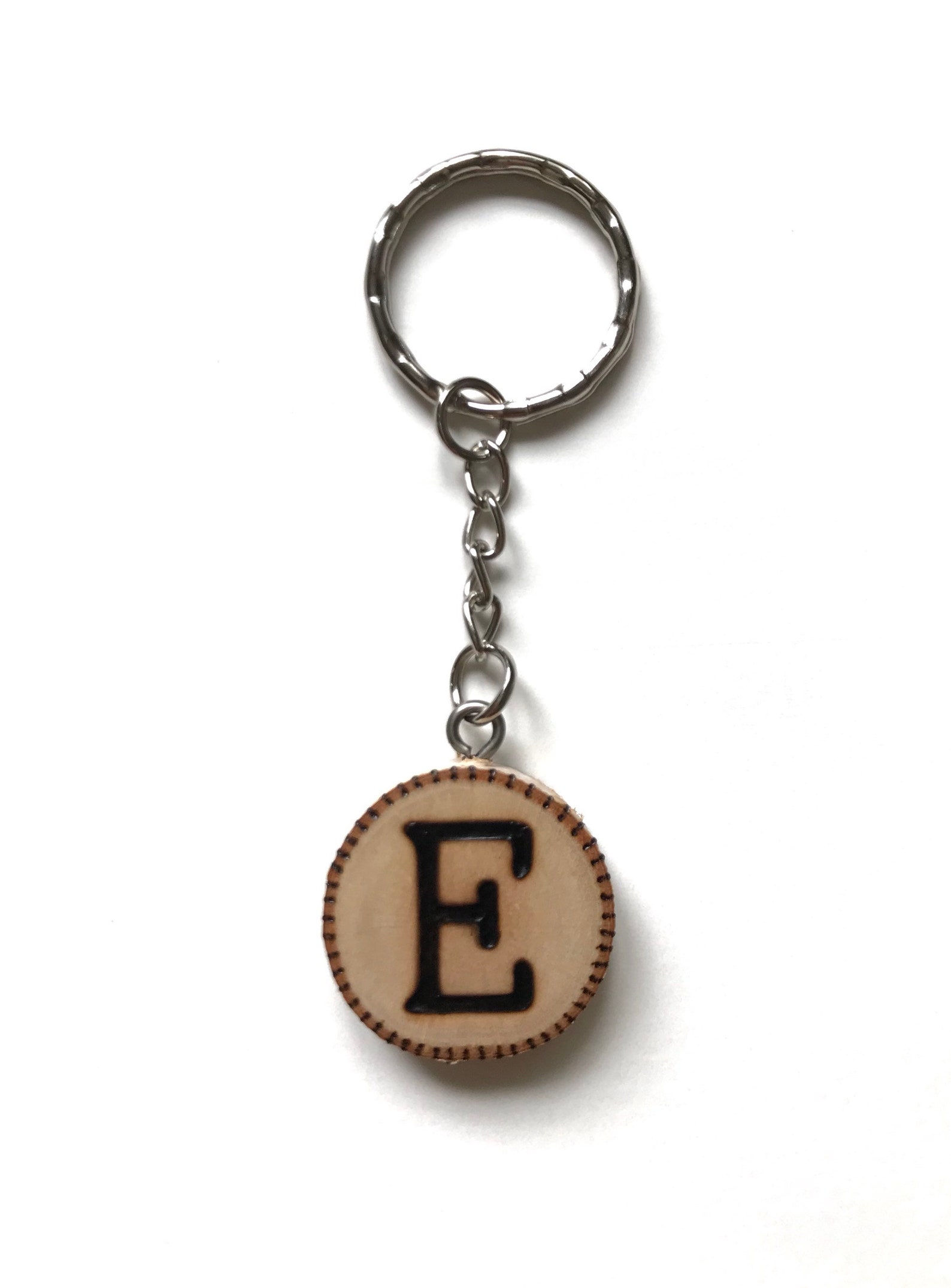 Wood Burned Letter E Wooden Keychain Tree Branch Monogram Keychain ...