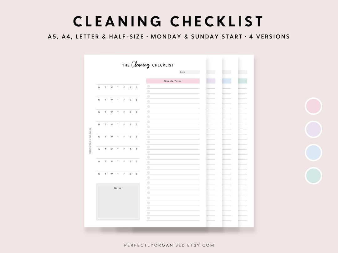 Cleaning Checklist Printable: Pastel Home Cleaning Page (A5 A4 Letter ...