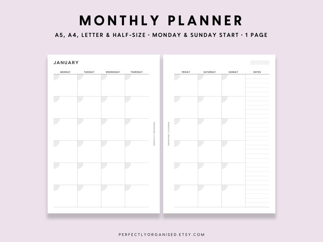 Monthly Planner Printable: Month on 2 Pages (A5 A4 Letter PDF) - Etsy