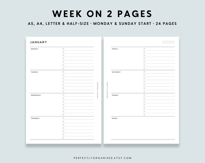 Week at a Glance Printable, Weekly Planner Undated, Week on Two Pages ...