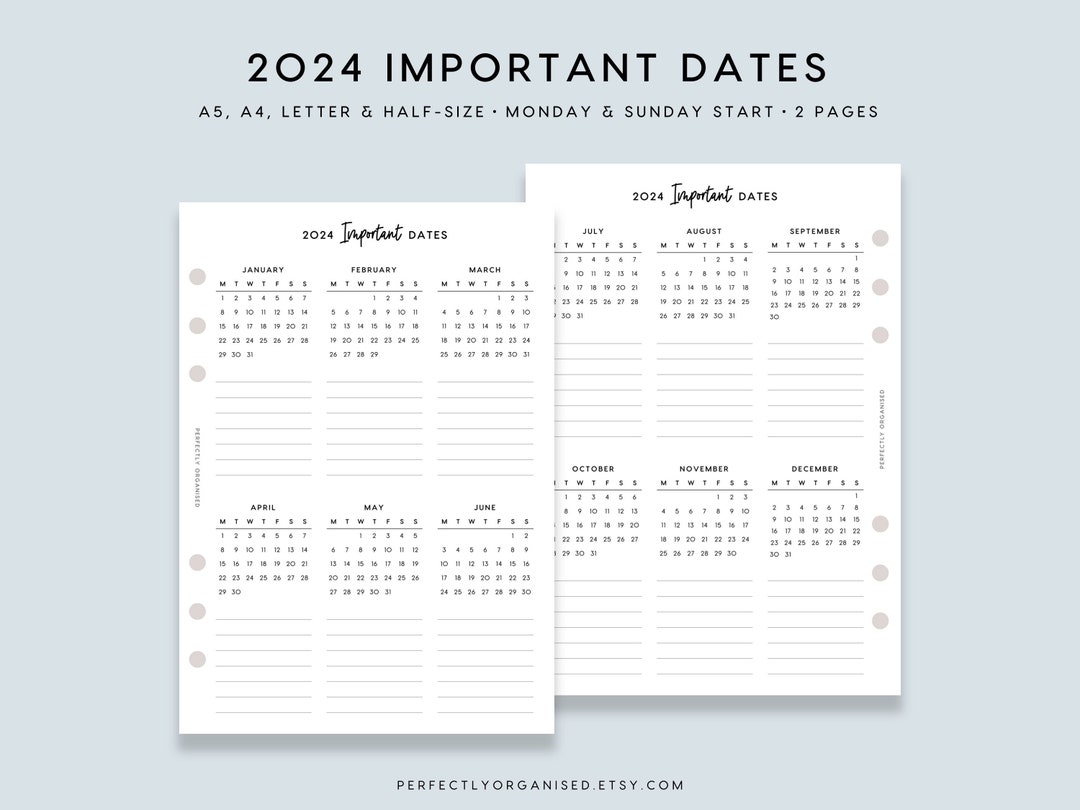 PRINTABLE 2024 Important Dates 2024 Monthly Dates Overview - Etsy México